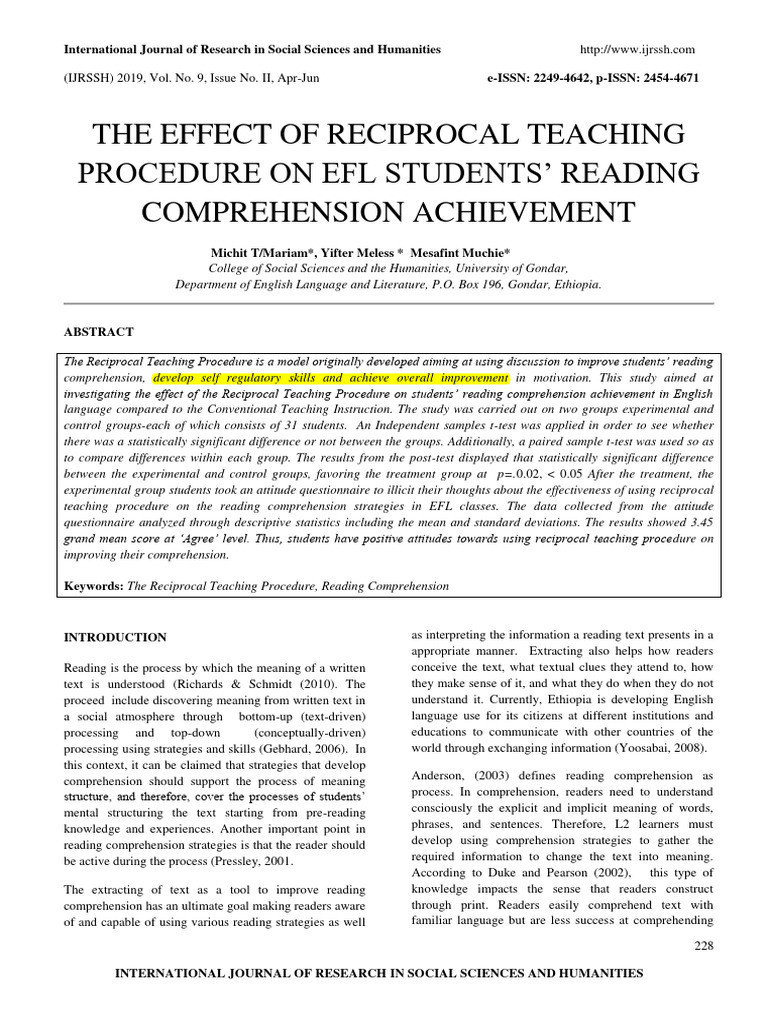 Effects EFL Reciprocal Teaching On Reading Comprehension Achievement Ethopia 2019 | PDF ...