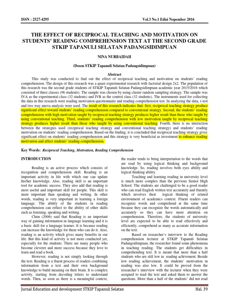 Effect of Reciprocal Teaching and Motivation On Reading ...