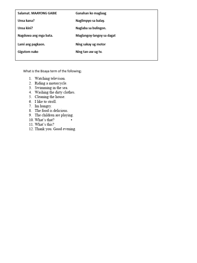 Bisaya Translations for Common Phrases | PDF