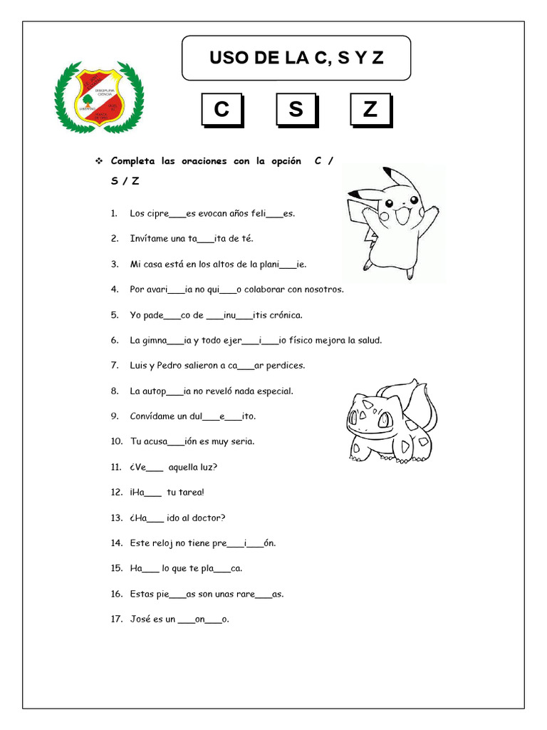 Usodelac, Syz: Completa Las Oraciones Con La Opción C / S / Z | PDF