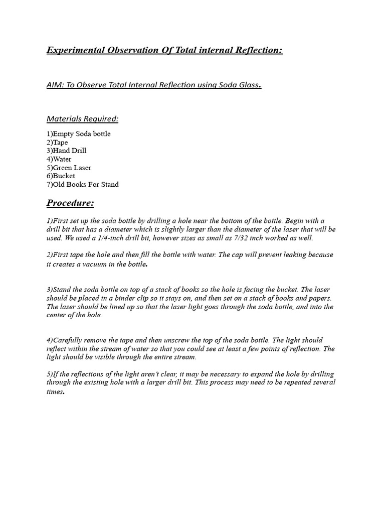 Total Internal Reflection Experiment Guide | PDF
