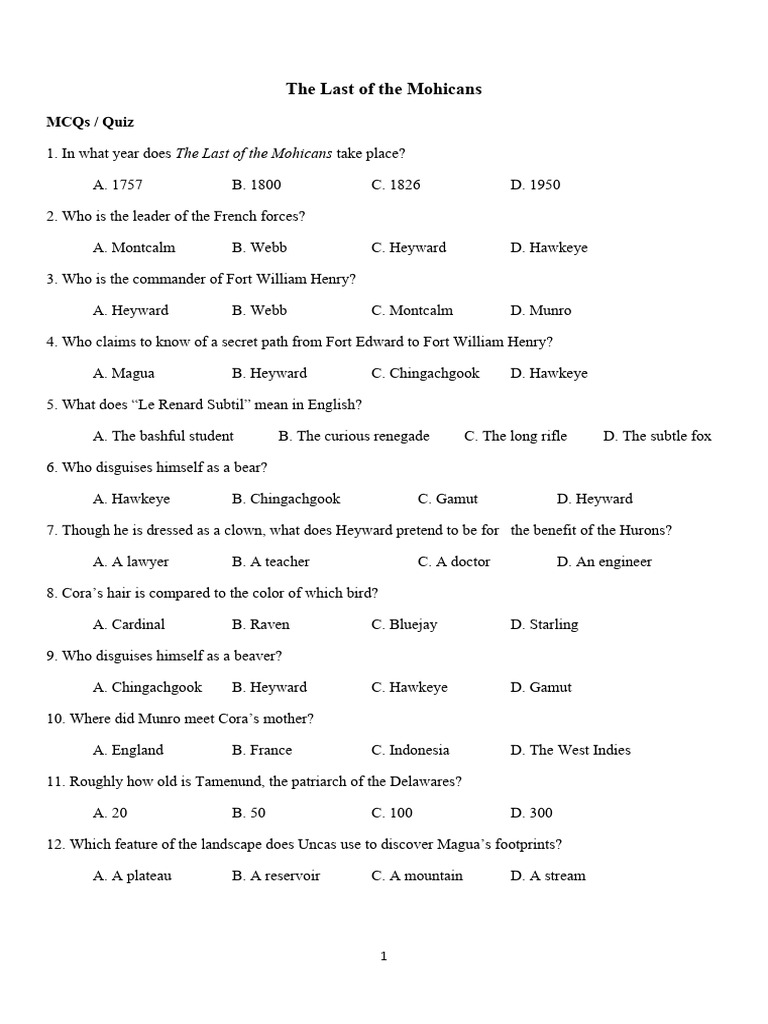 Mohicans Quiz | PDF | The Last Of The Mohicans