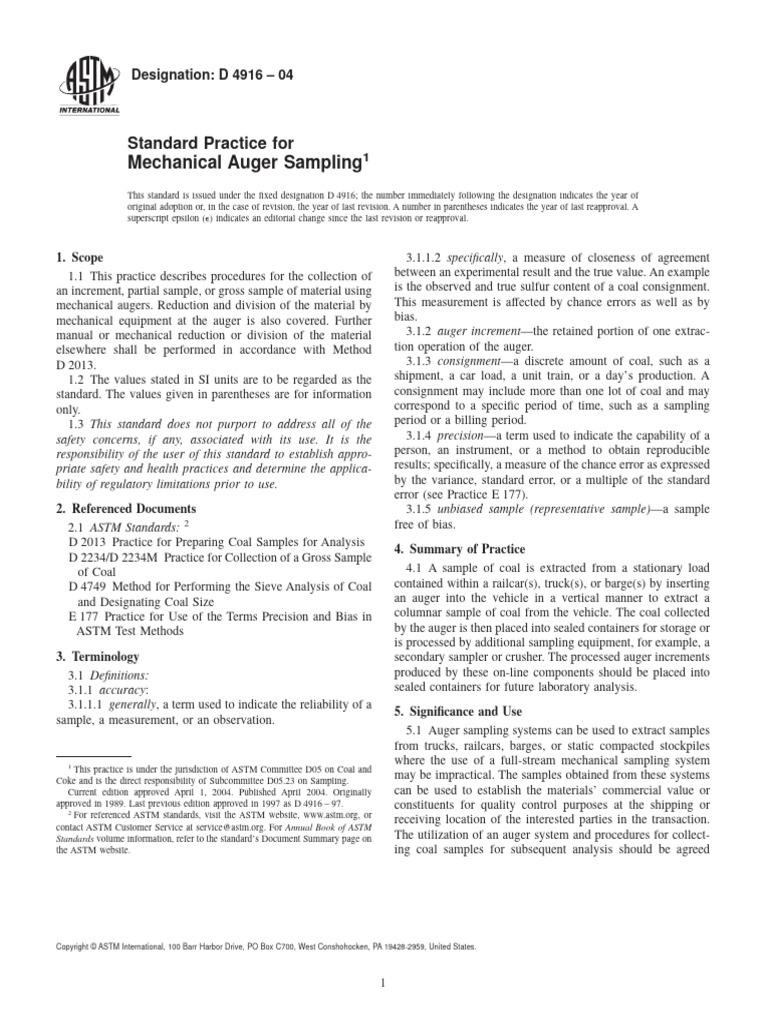 Mechanical Auger Sampling: Standard Practice For | PDF | Sampling (Statistics) | Accuracy And ...