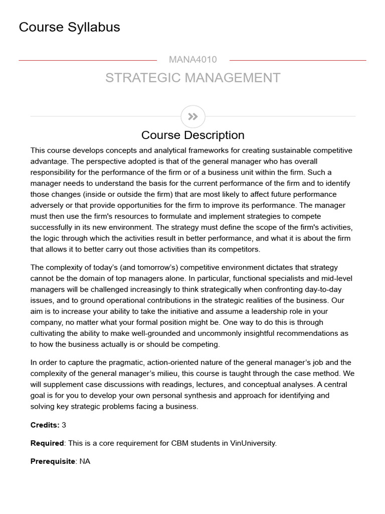 Syllabus For Strategic Experience Management Cum Strategic Management | PDF