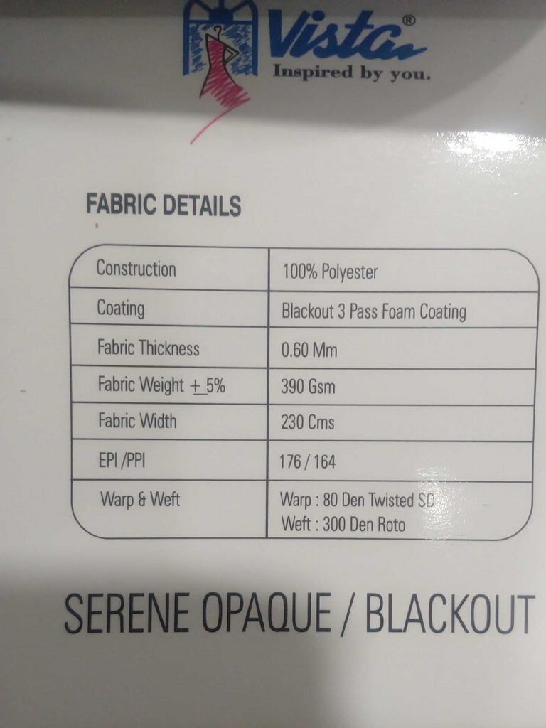 Vista Roller Serene Opaque Specs | PDF