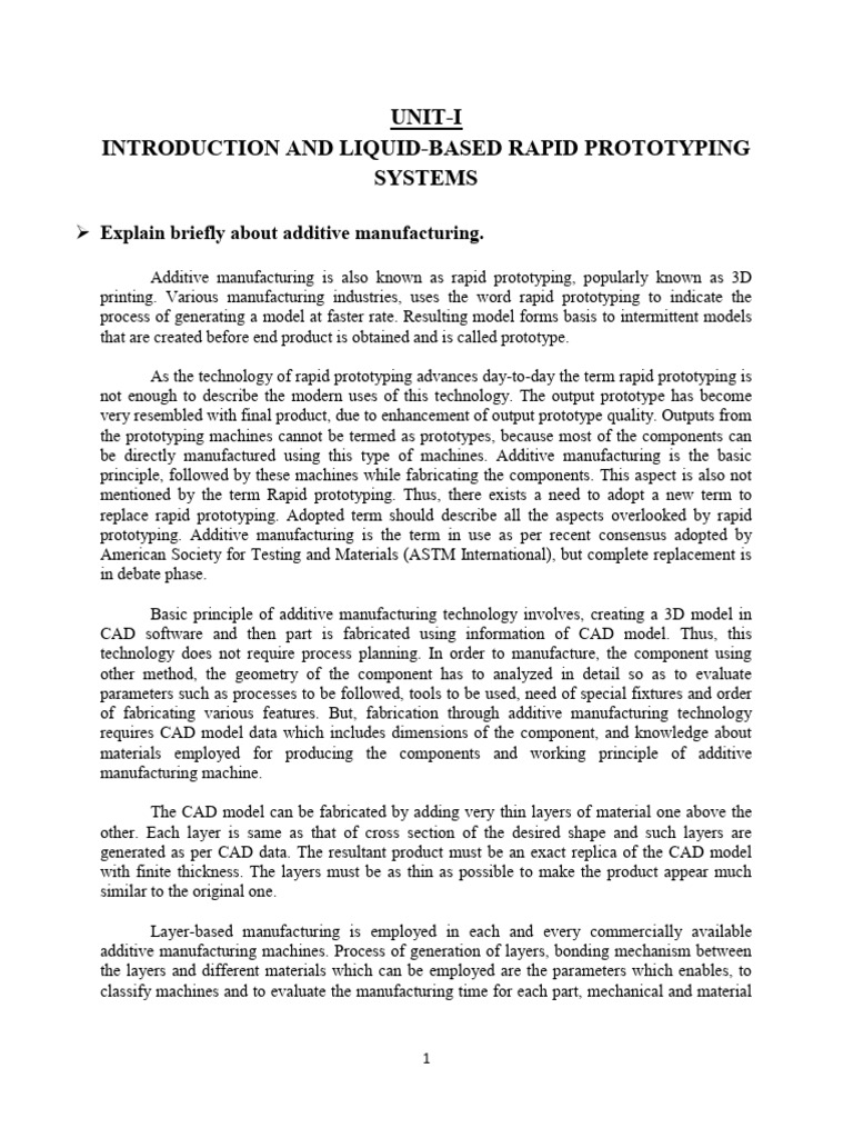 Additive Manufacturing Unit 1 | PDF