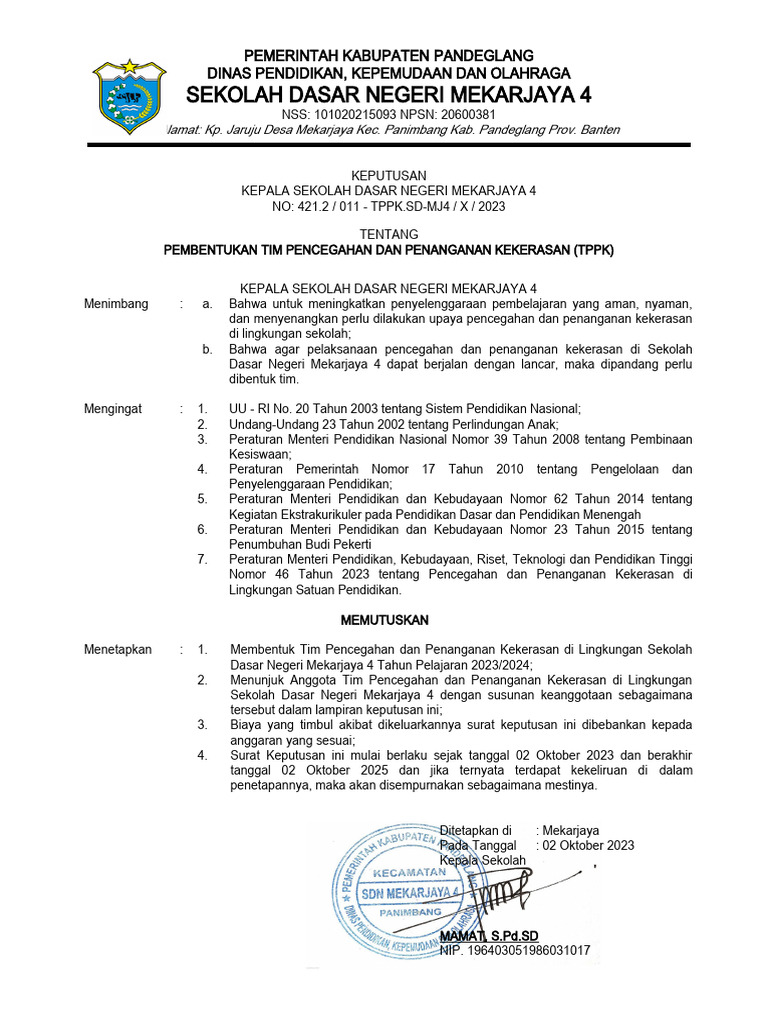 Format SK Tim Pencegahan Dan Penanganan Kekerasan Di Lingkungan Satuan Pendidikan | PDF