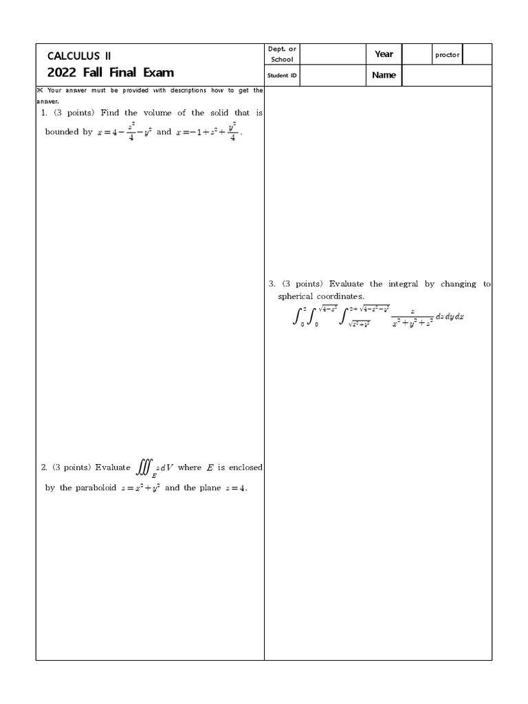 Calculus II 2022 Fall Final Exam - 1140688339 - 231207 - 130500 | PDF ...