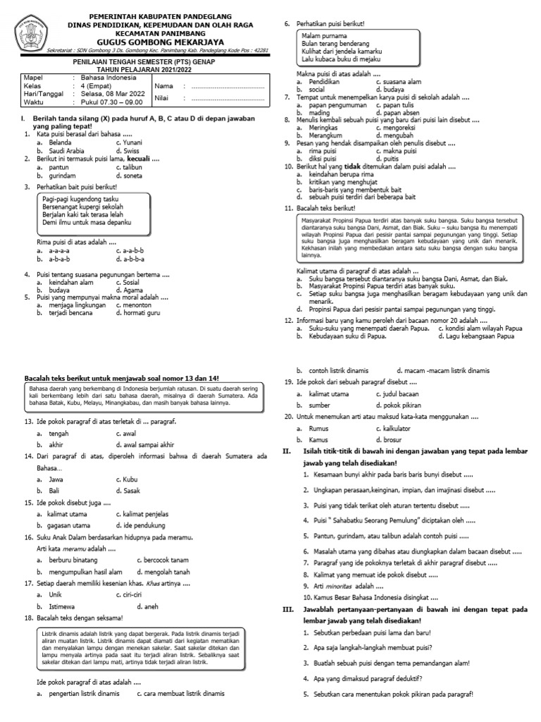 Soal PTS B.ind KLS 4 SM 2 | PDF