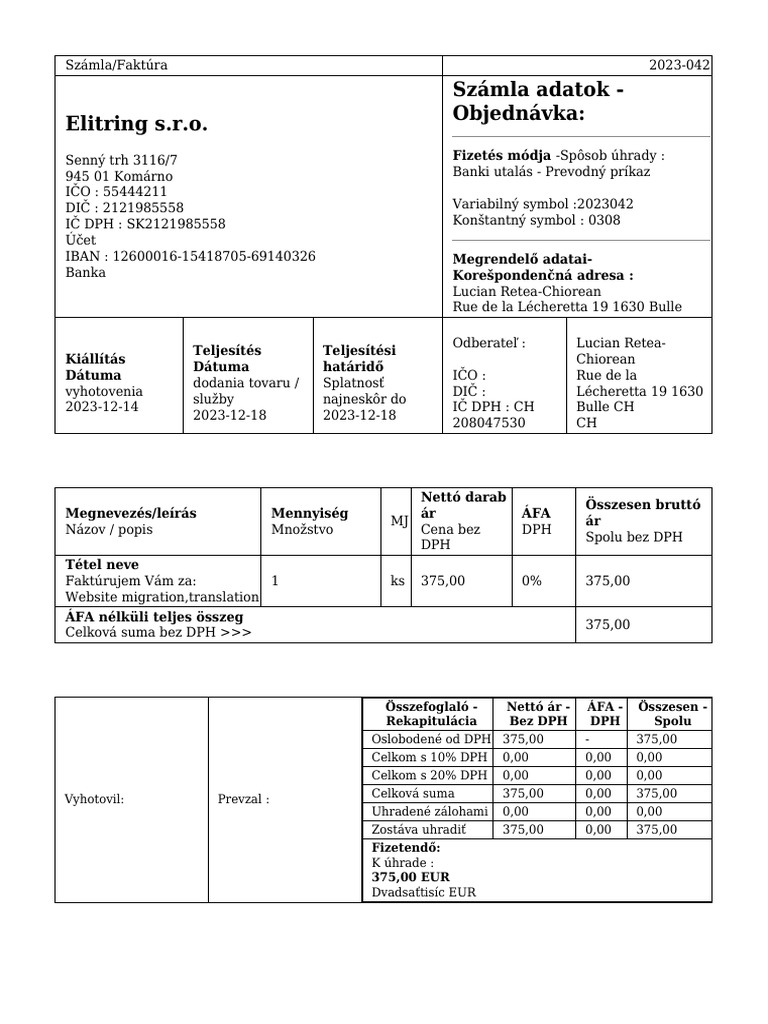 Elitring S.R.O. Számla Adatok - Objednávka:: Fizetés Módja - Spôsob Úhrady | PDF