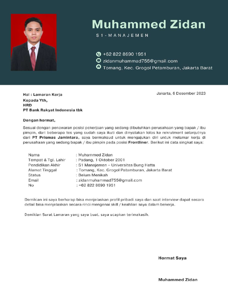 Surat Lamaran Zidan | PDF