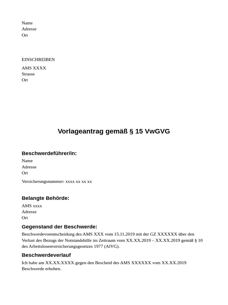 AMS-Beschwerde BVwG-Vorlageantrag Muster | PDF