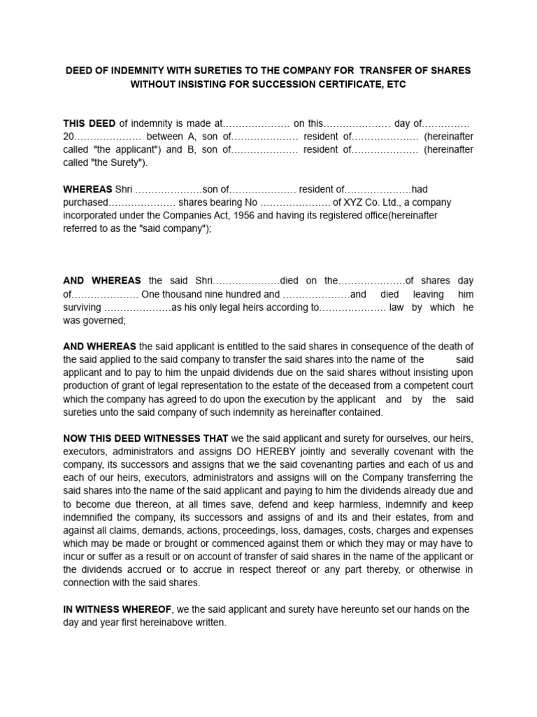 Deed of Indemnity With Sureties To The Company For Transfer of Shares ...