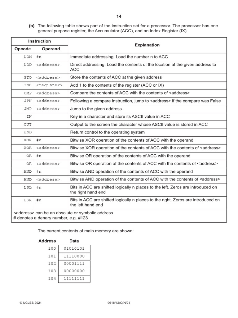14 (B) Instruction Explanation Opcode Operand: 9618/12/O/N/21 © UCLES 2021 | PDF