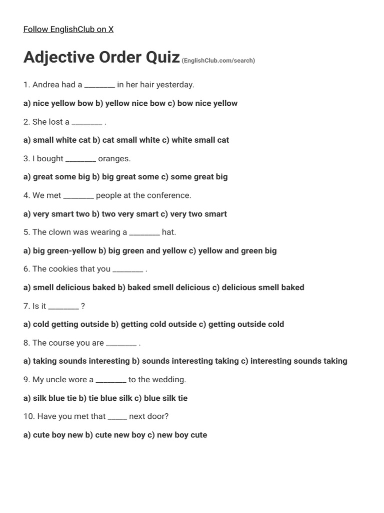 Adjective Order Quiz with Answers | PDF
