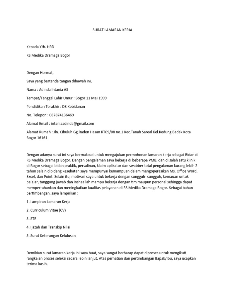 Surat Lamaran Kerja Adinda | PDF