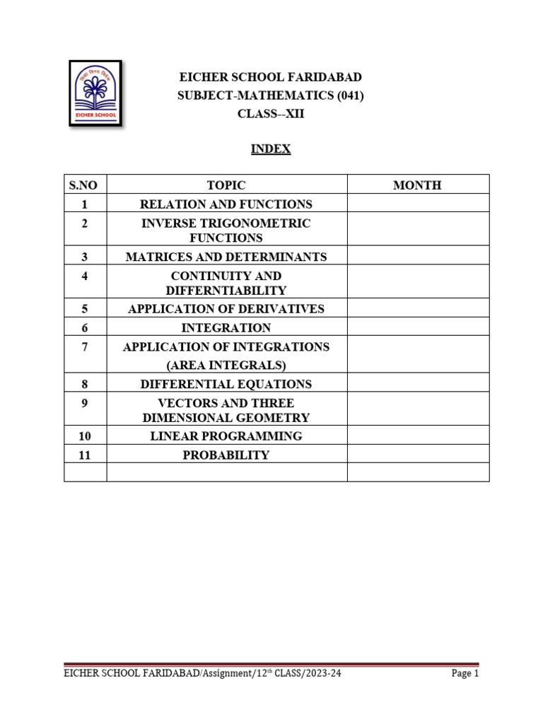 12 Math Assig Allchapters 2023 | PDF | Matrix (Mathematics) | Determinant