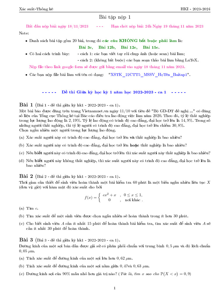Homework Test1 XSTK Hk1 2023 2024 22CTT5 | PDF