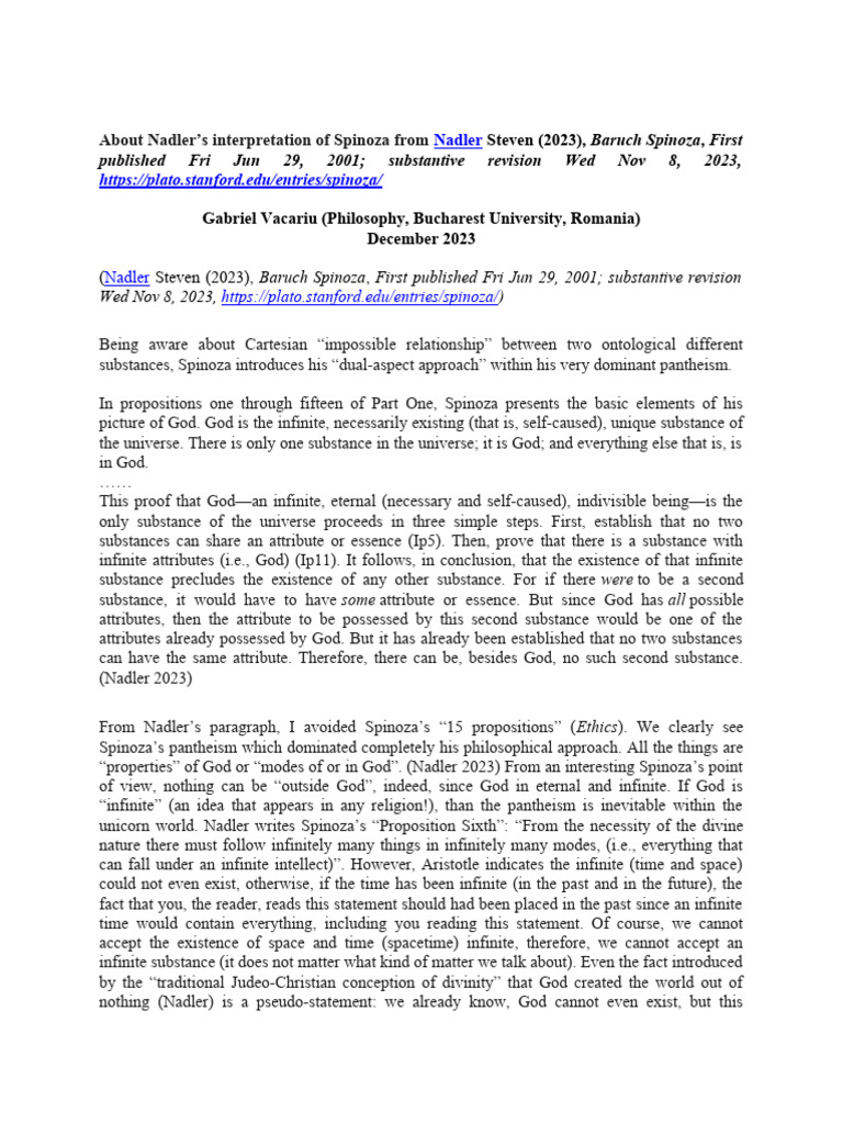 Vacariu (2023) ABout Nadler's Interpretations of Spinoza's Dual Aspect Theory | PDF | Baruch ...