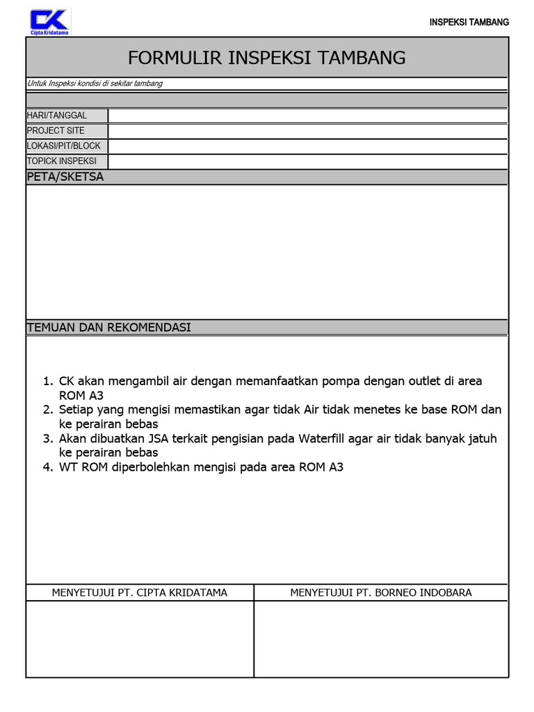 Form Inspeksi Tambang | PDF
