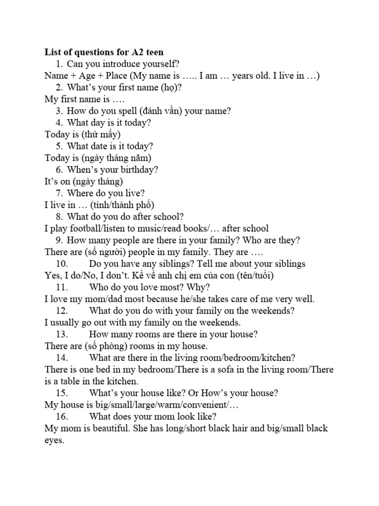 A2 Teen Interview Questions | PDF | Language Arts & Discipline ...