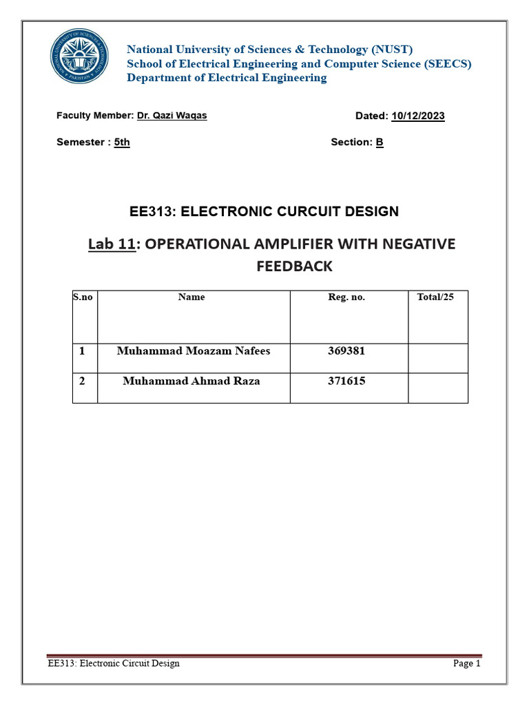ECD-Lab 11-Solved (OpAmp With - Ve Feedback) | PDF