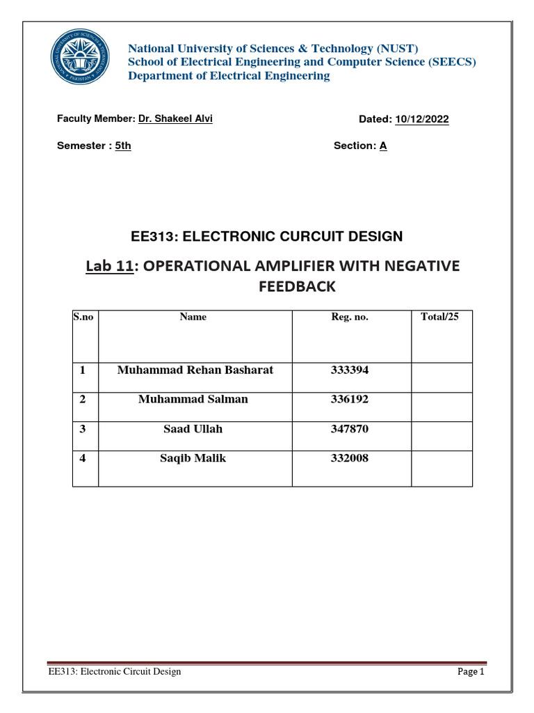 ECD-Lab-11-Solved (OpAmp With - Ve Feedback) | PDF
