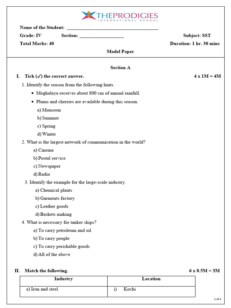 Grade 4 - Model Paper | PDF