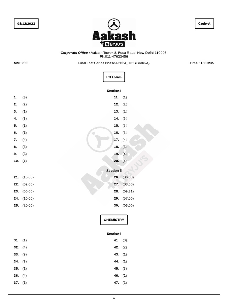 FTS JEE (M) - 2024 - Test-2 - Code-A - (08-12-2023) - Answer Key | PDF