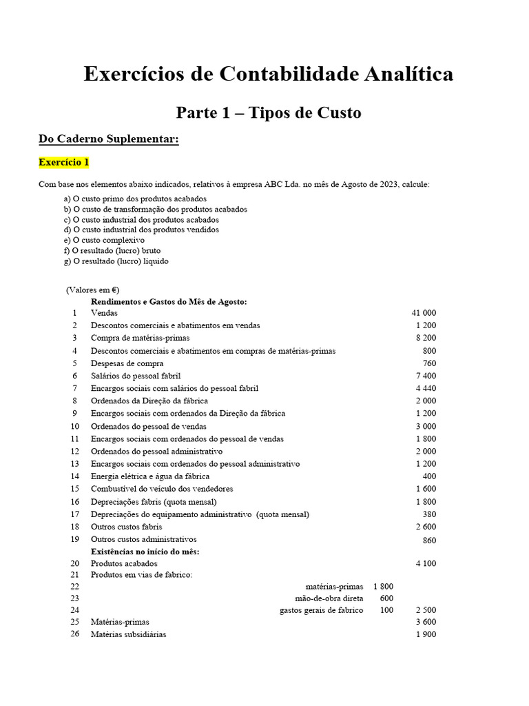 Exercícios - Contabilidade Analítica (V2) | PDF | Despesa | Salário