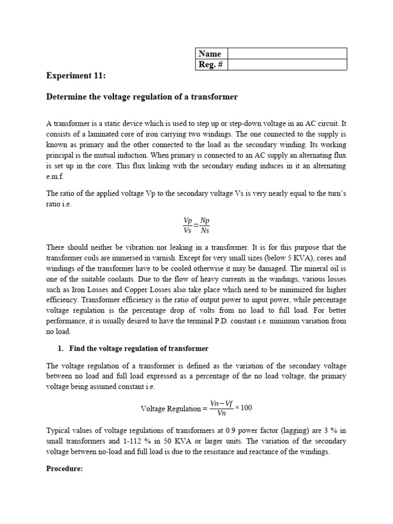 EE Lab 11 - PE-1 | Download Free PDF | Transformer | Voltage