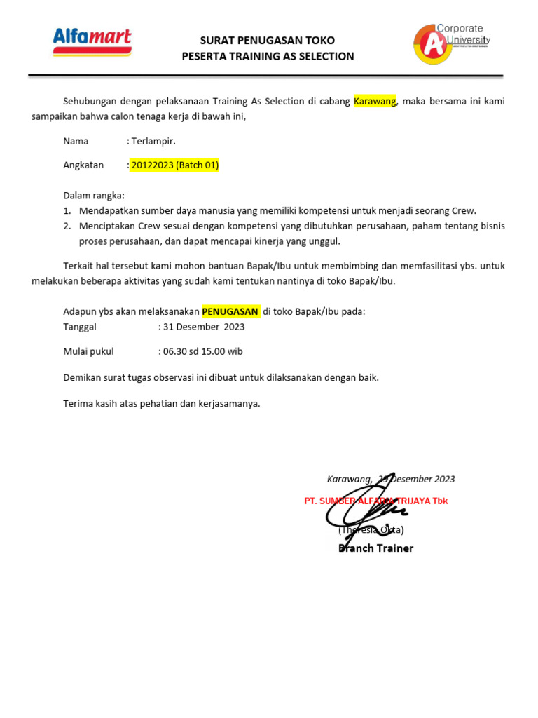 Surat Penugasan Toko Peserta TAS. (Batch 01) | PDF