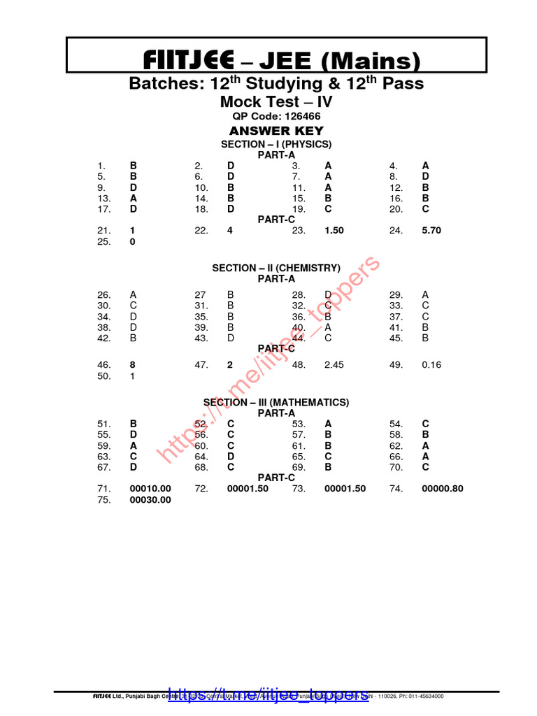 JEE Mock Test IV Answer Key | PDF | Educational Institutions ...