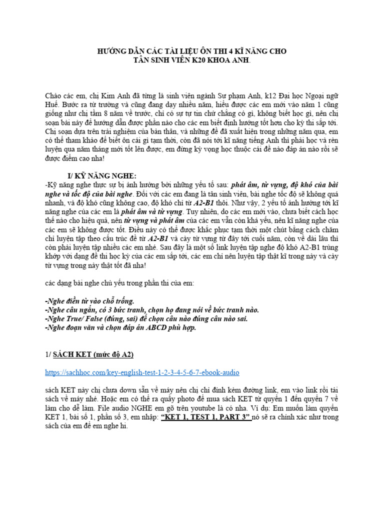 HƯỚNG DẪN CÁC TÀI LIỆU ÔN THI 4 KĨ NĂNG CHO K20 | PDF