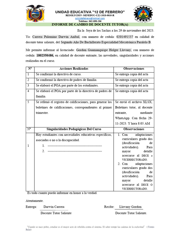 Informe de Cambio de Docente Tutor | PDF