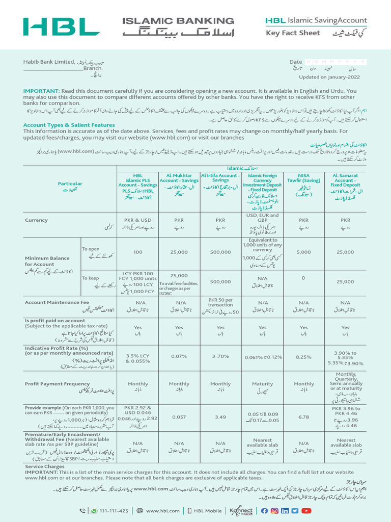 KFS HBL Islamic Saving Account Bilingual Jan-2022 | PDF | Debit Card | Visa Inc.