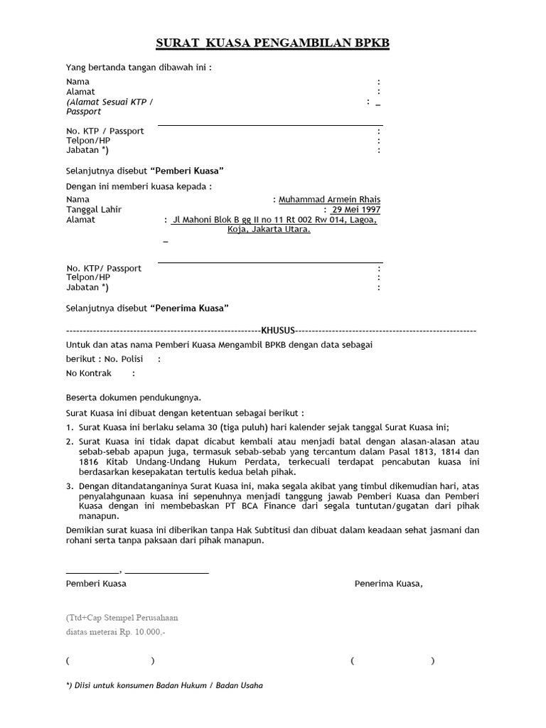 Form Surat Kuasa Pengambilan BPKB (Perorangan) | PDF