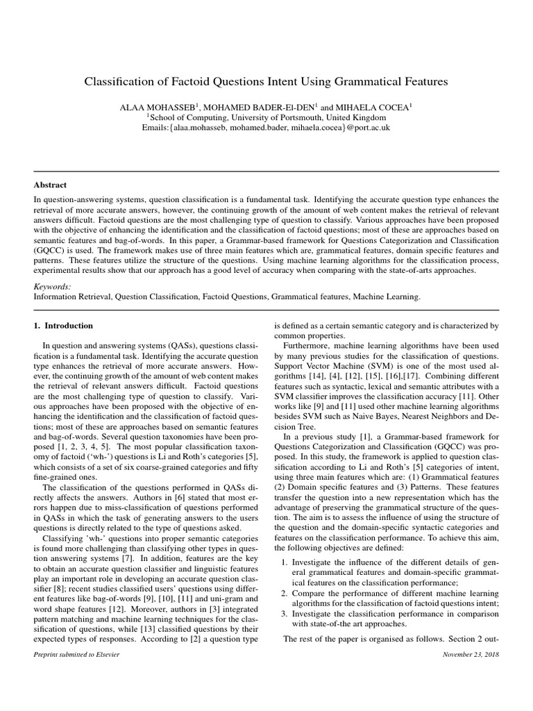 Classification of Factoid Questions Intent Using Grammatical Features ... Classification of Factoid Questions Intent Using Grammatical Features ...