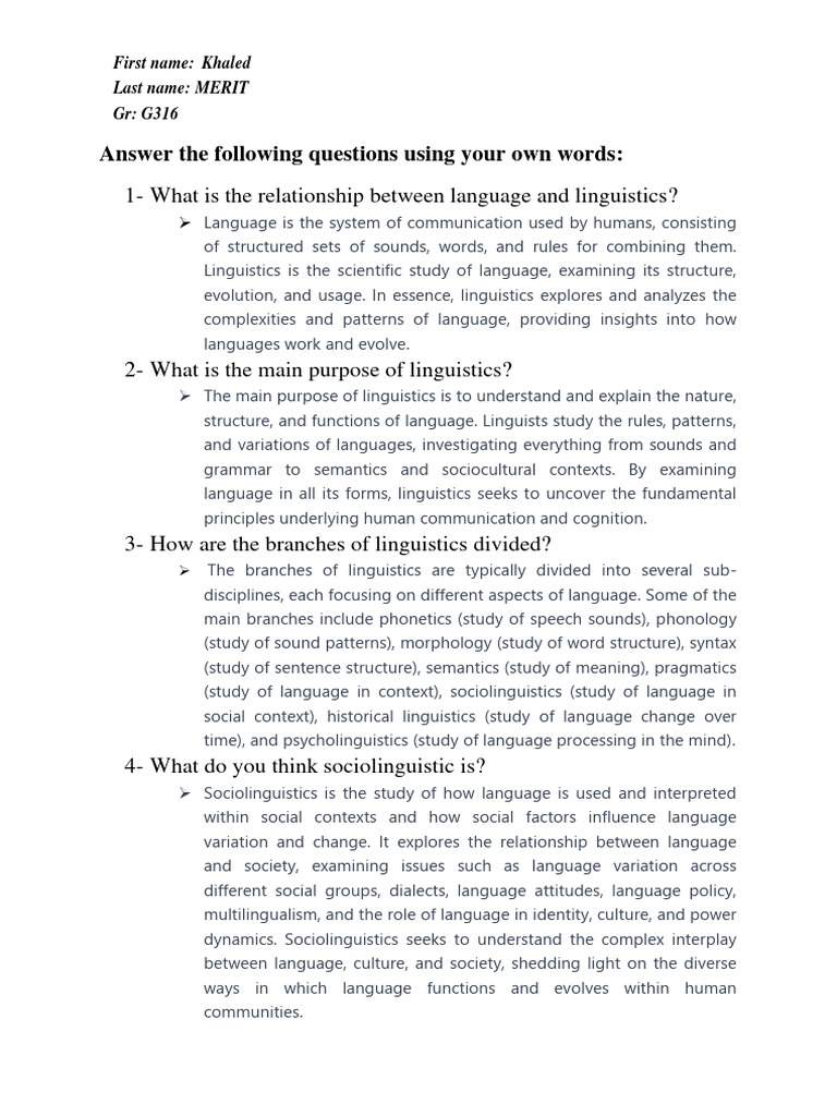 Answer The Following Questions Using Your Own Words MERIT Khaled | PDF | Linguistics | Human ...