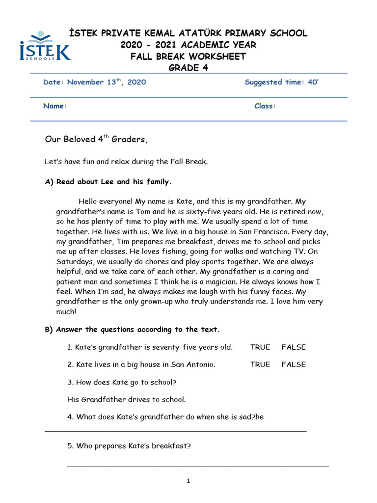 Grade 4 Fall Break Worksheet | PDF | Language Arts & Discipline ...