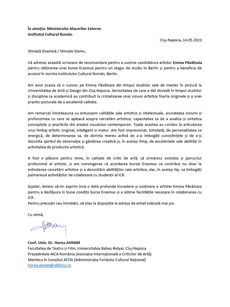 Scrisoare de Recomandare Emma Păvăloaia | PDF