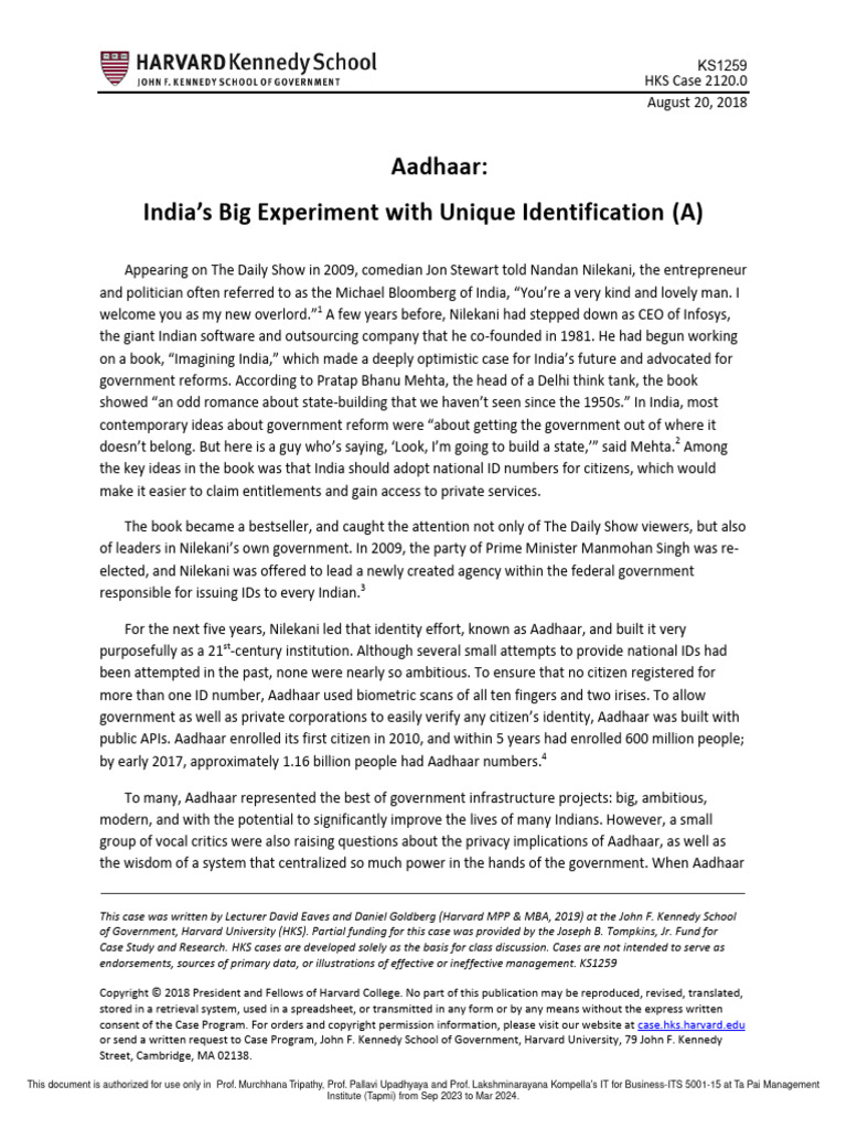 Aadhaar India's Big Experiment With Unique Identification (A) | PDF ...