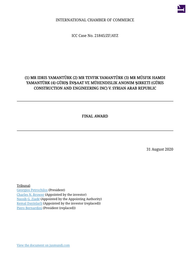 JusMundi PDF Guris and Others V Syria Icc Case No 21845 ZF Ayz Final Award | PDF | Arbitration ...