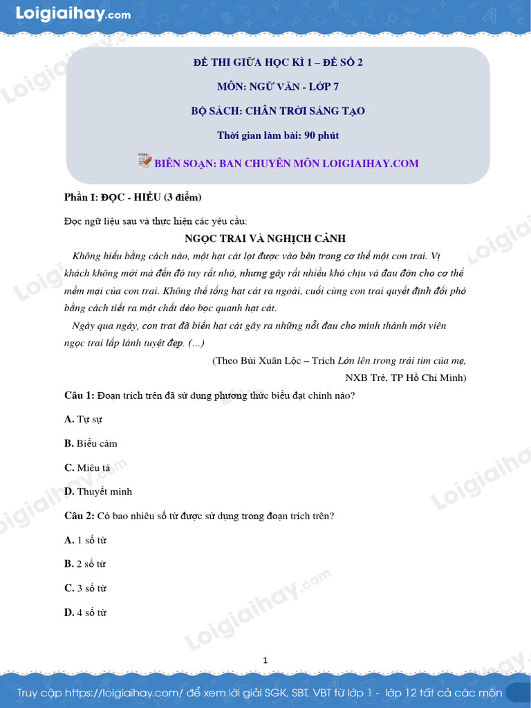 De Thi Giua Ki 1 Van 7 Chan Troi Sang Tao de So 2 1671590691 | PDF