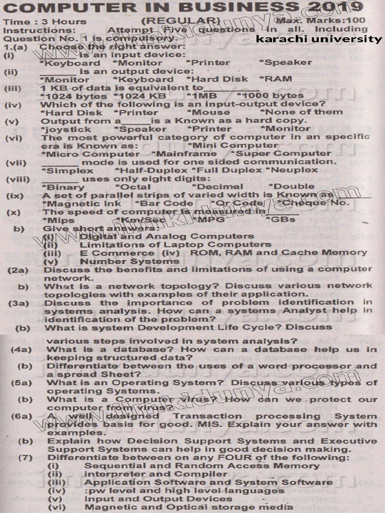 Past Paper 2019 Karachi University B.com Part 2 Computer in Business ...