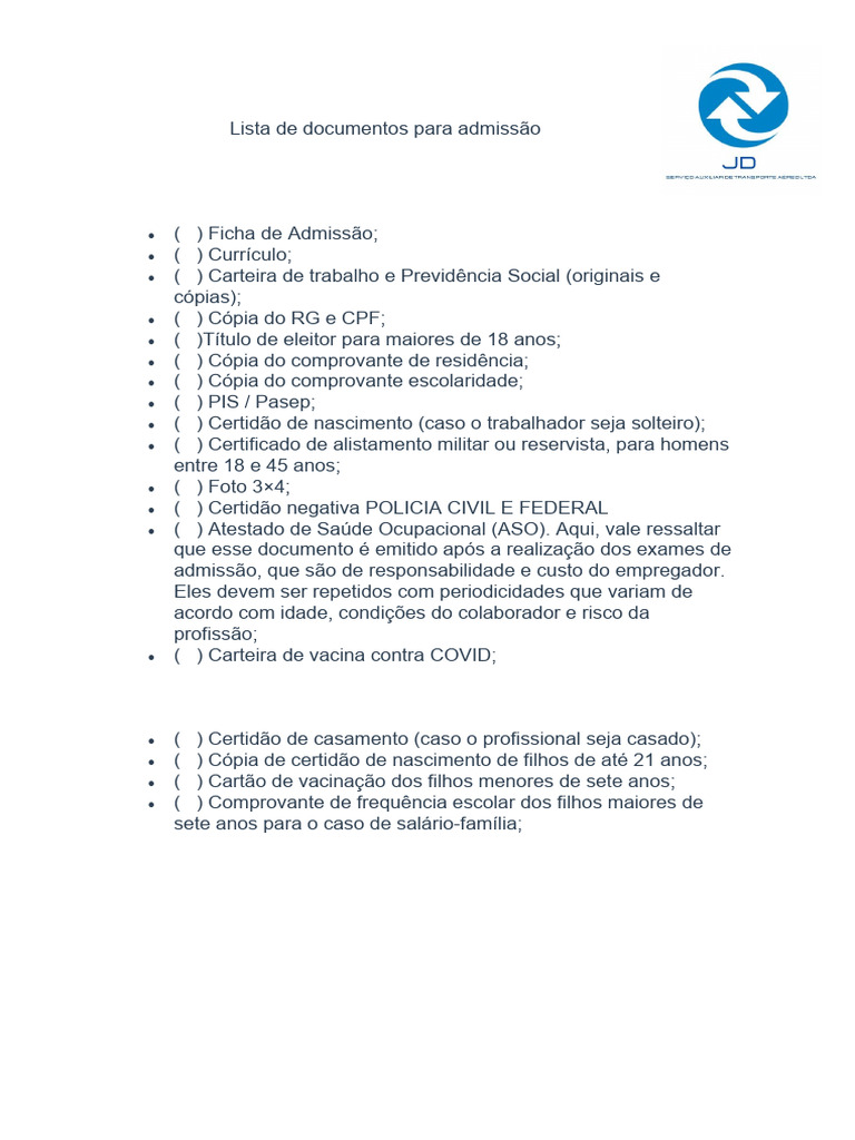 Lista de Documentos para Admissão | PDF