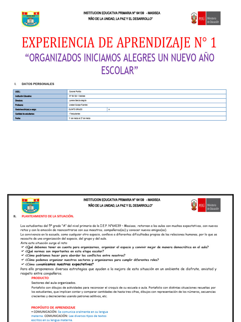 EXPERIENCIA DE APRENDIZAJE 1 2024 Quinto Grado 2024 | PDF