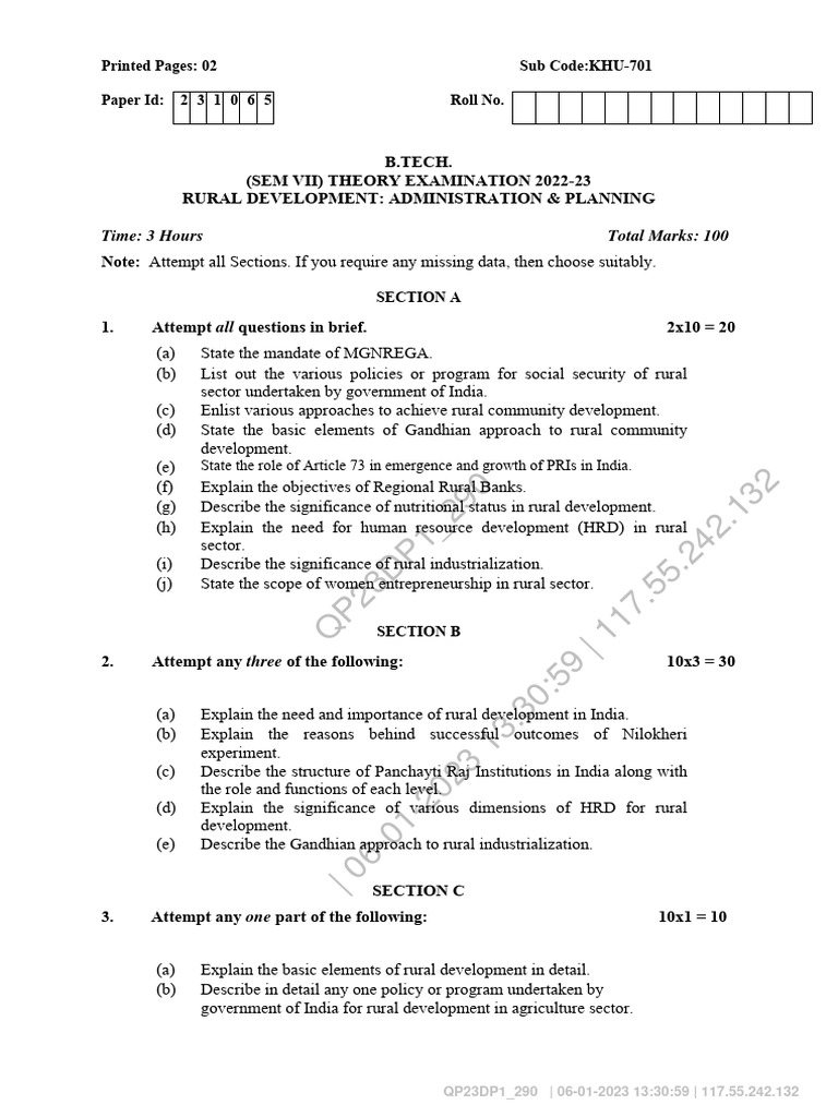 Btech All 7 Sem Rural Development Administration Planning Khu701 2023 ...