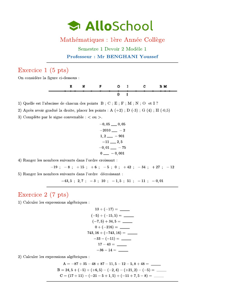 Math 1ac Semestre 1 Devoir 2 Modele 1 1 | PDF