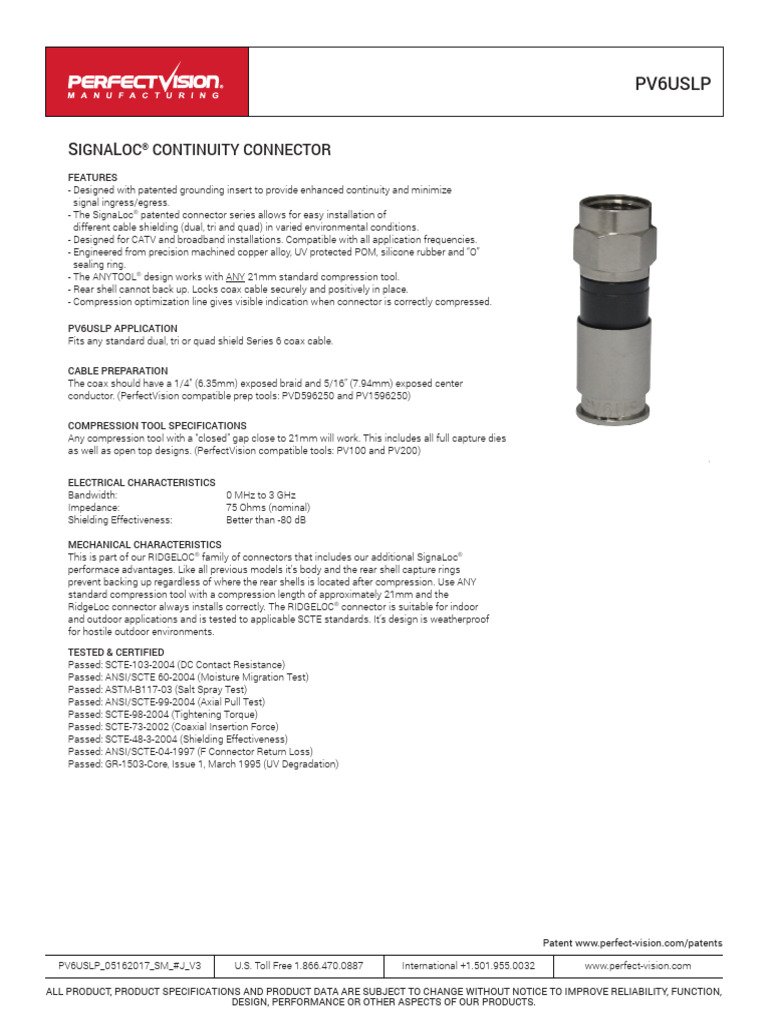 PV6USLP | PDF | Coaxial Cable | Electrical Connector